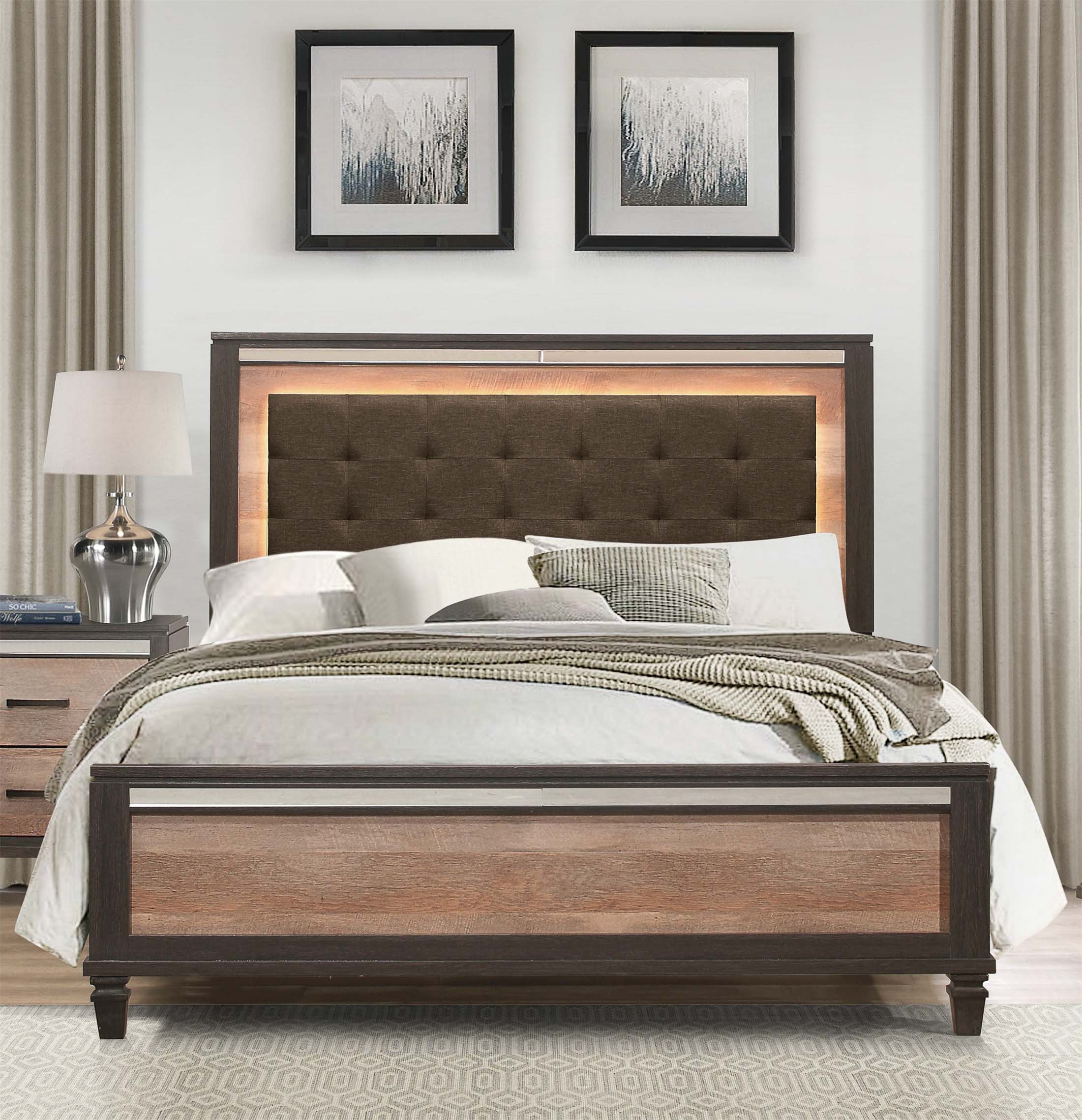 Orren Ellis Modern Rustic Style 1pc Queen Bed Upholstered Headboard with LED Light 2 Tone Finish Wooden Wayfair